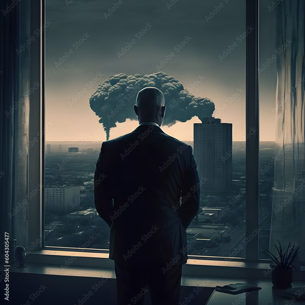 CEO, dressed up professionally, looking from a window in a high rise ...