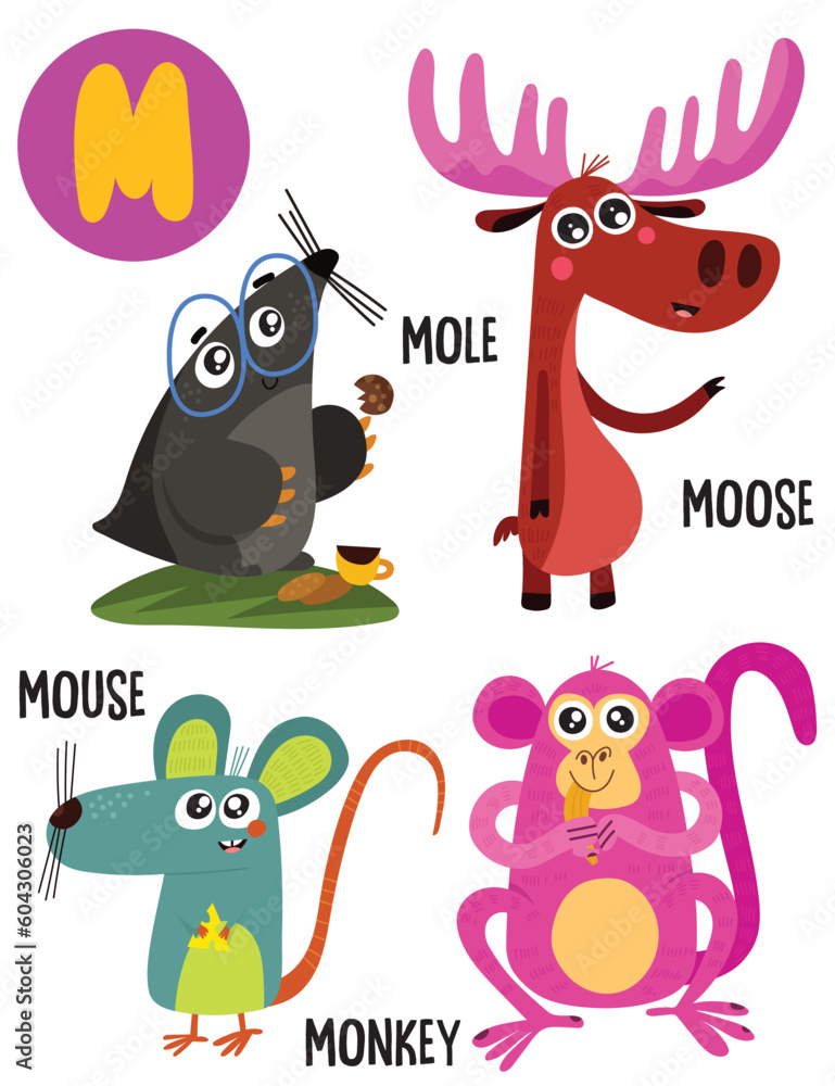 English alphabet with cute animals vector illustrations set. Funny ...