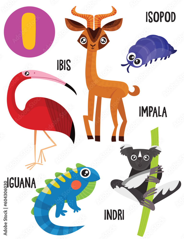English alphabet with cute animals vector illustrations set. Funny ...
