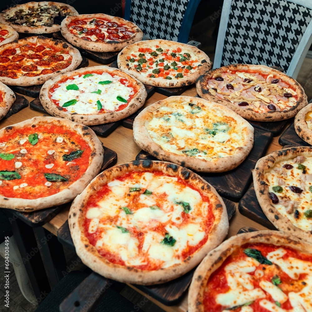 Pizza party, pizza slices of different flavors having party diner on ...