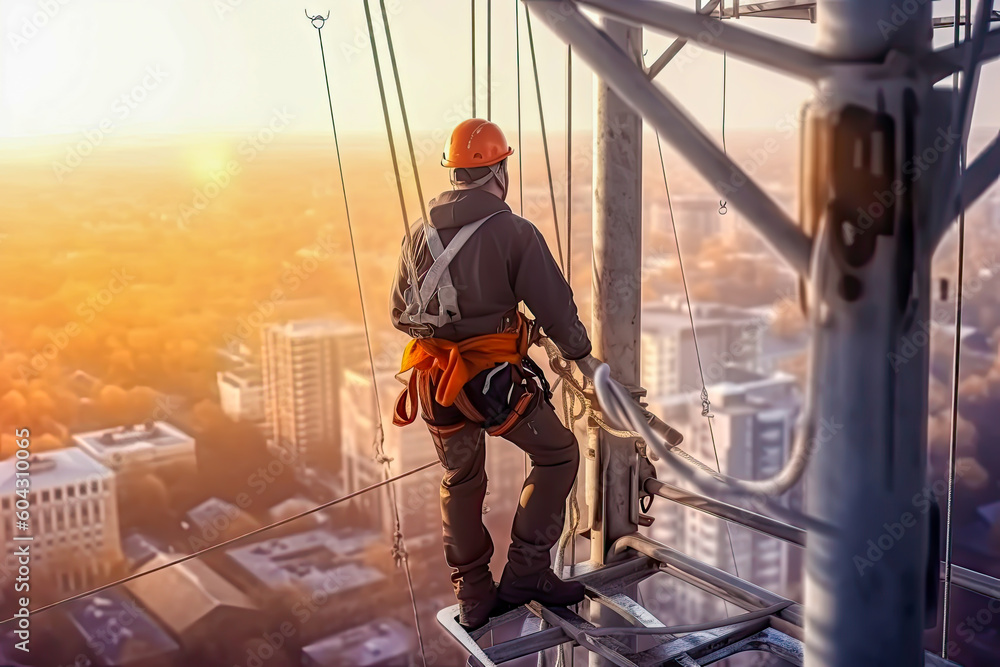 construction worker at height architecture, at high altitude, with ...