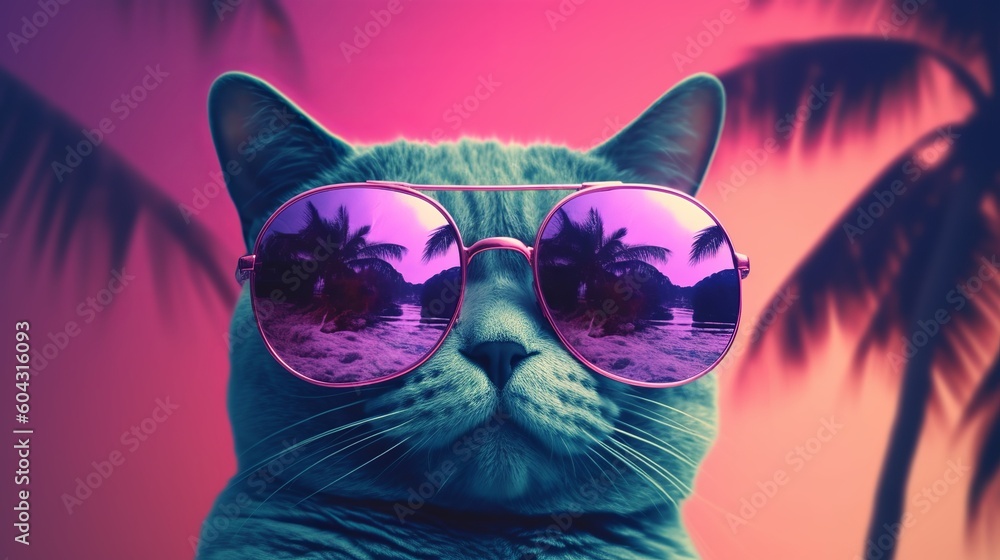 Retro wave synth vaporwave portrait of a cat in sunglasses with palm ...