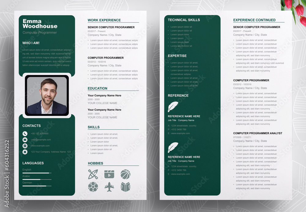Resume Template With Green Theme Stock Template | Adobe Stock