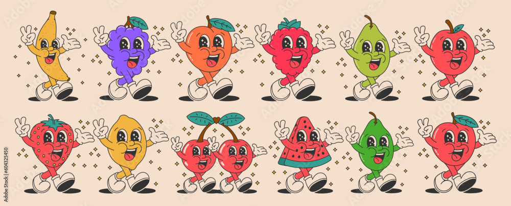 Collection of bright walking happy cartoon characters 70s. Retro fruits ...