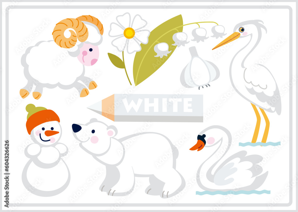 White color cartoon illustration for learning colors. Cute white ...