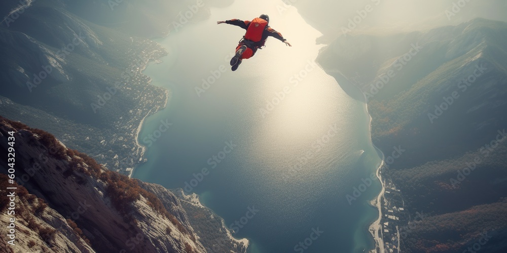 Person base jumping off cliff with parachute, concept of Extreme sports ...