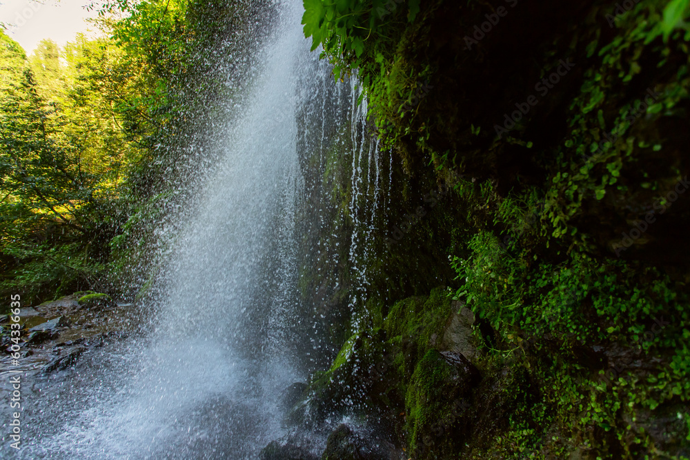Powerful waterfall crashing down into a pool of crystal-clear water ...