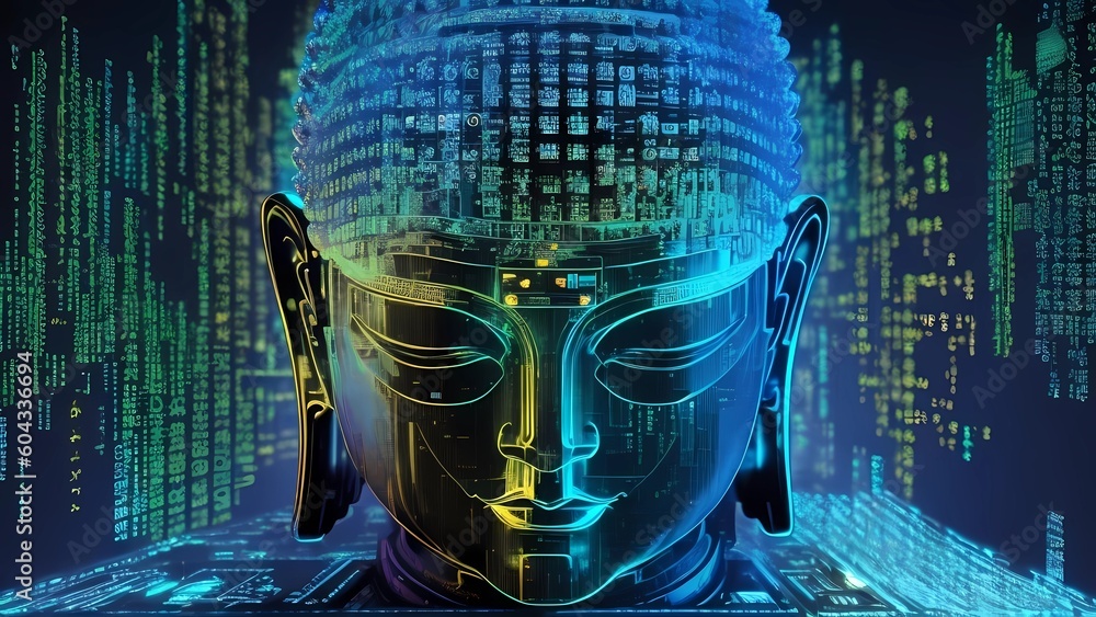 Holographic buddha male face with matrix style computer code integrated ...