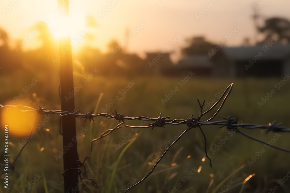 Barbed wire fence with Twilight sky to feel Silent and lonely and want ...