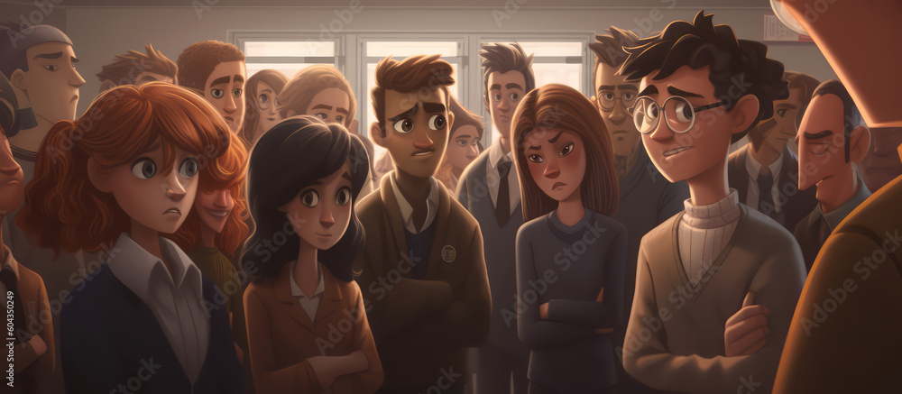 A group of cartoon students looking around with uncertainty. Standing ...