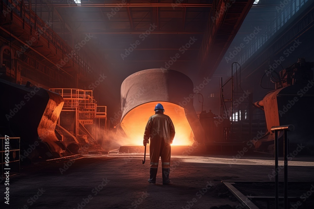 Steelmaker stand and look at the ingot casting, rear view on the head ...