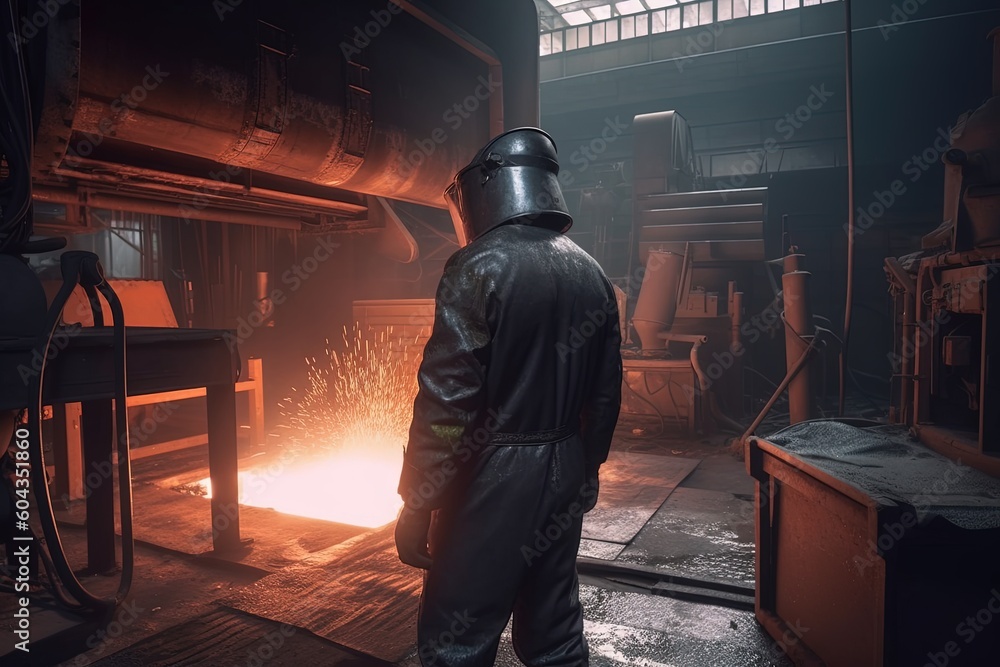 Steelmaker stand and look at the ingot casting, rear view on the head ...