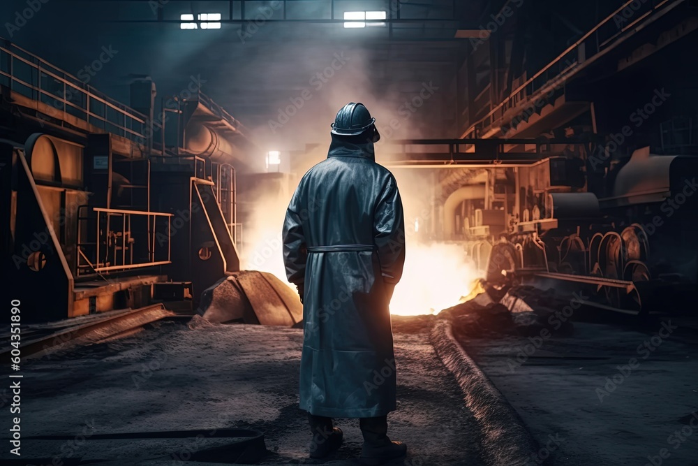 Steelmaker stand and look at the ingot casting, rear view on the head ...