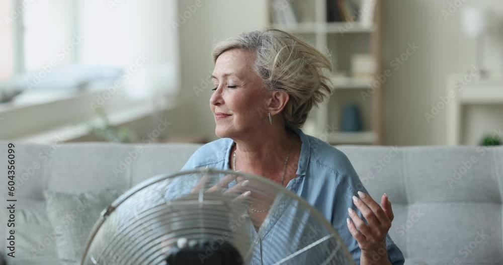 Happy relaxed senior lady sitting at fresh cool air blowing from fan ...