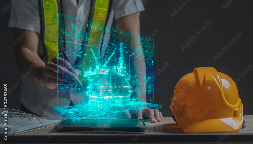 Engineer looking at the plan of an oil rig in the middle of the sea to ...