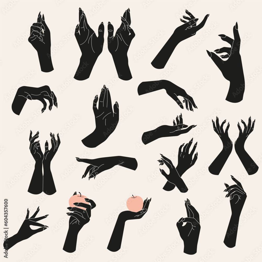 Big set of hands.Trendy minimal style woman's dark hands.Witch hands ...