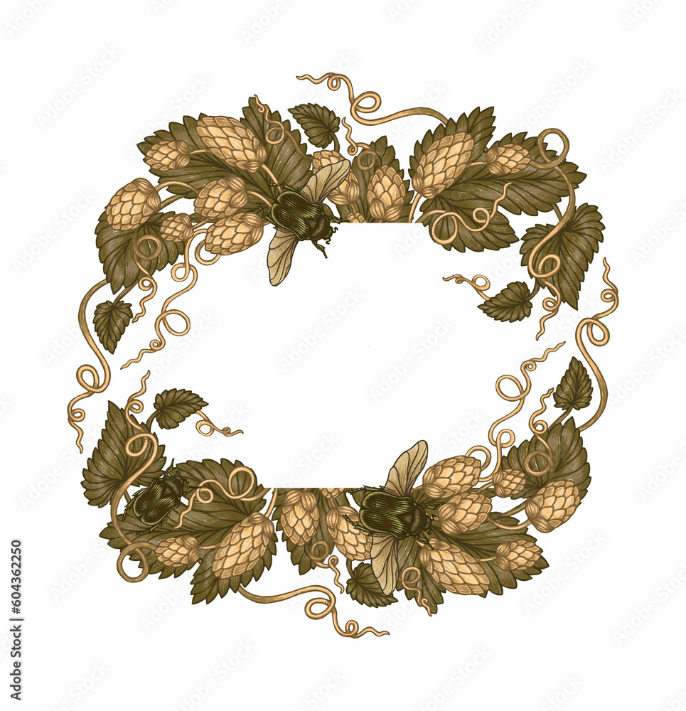 Frame and border of blooming dried flowers Flying Beetle Chafer Hops ...