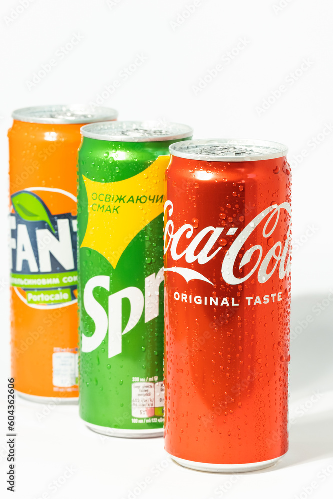 KYIV, UKRAINE - May 12: Close up shot of classic Coca-Cola, Sprite and ...