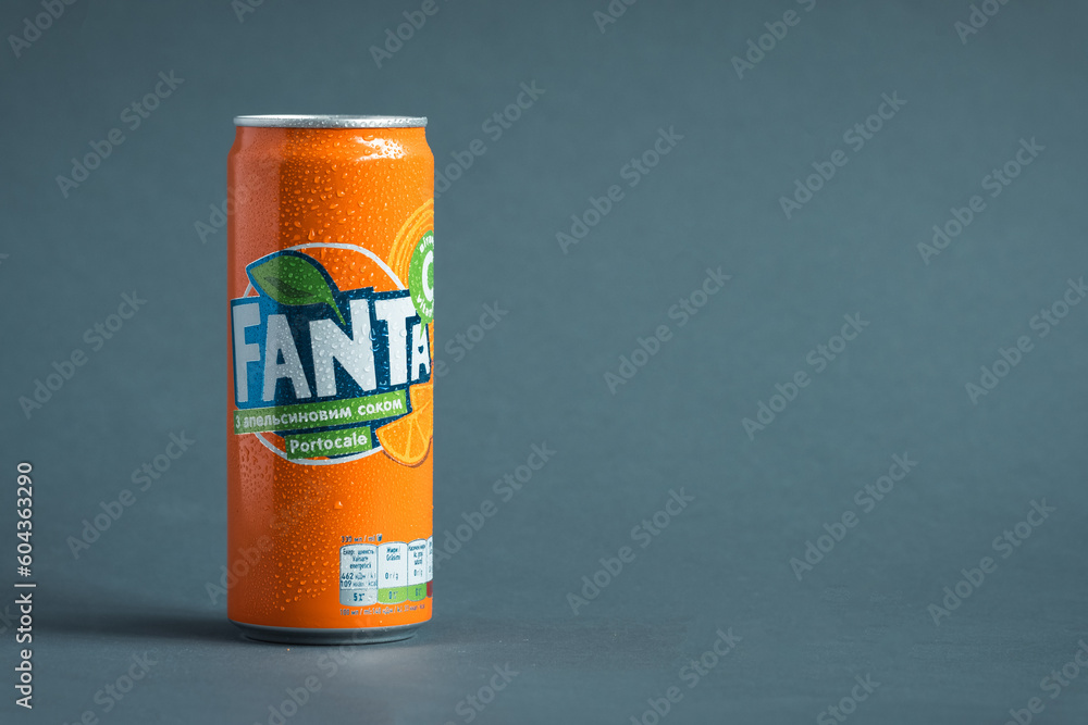 KYIV, UKRAINE - May 09: Close up shot of classic Fanta orange can on ...