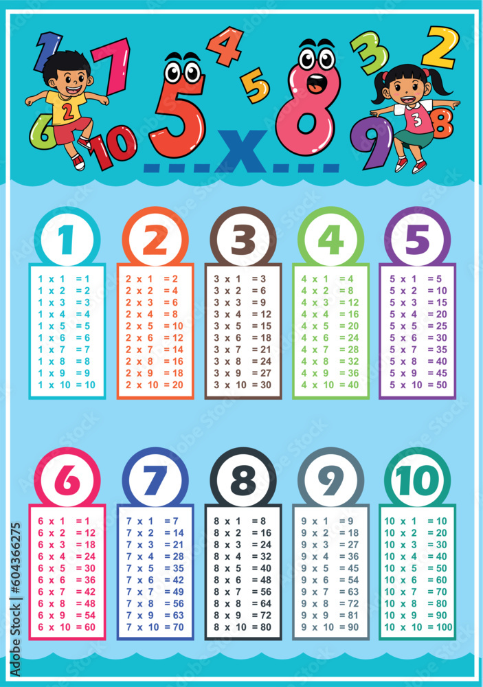 Vector times tables design with blue background two children jumping ...