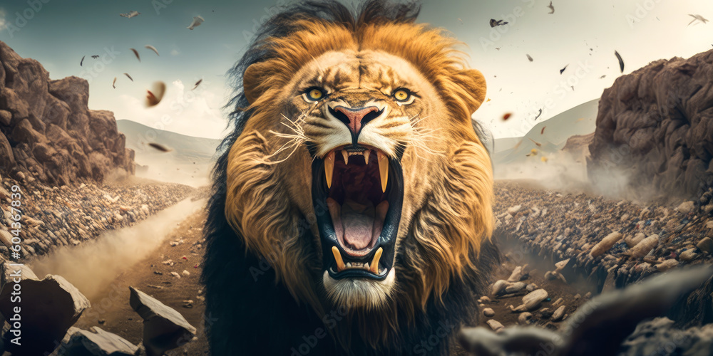 Powerful image of a fierce male lion, facing forward with open mouth ...