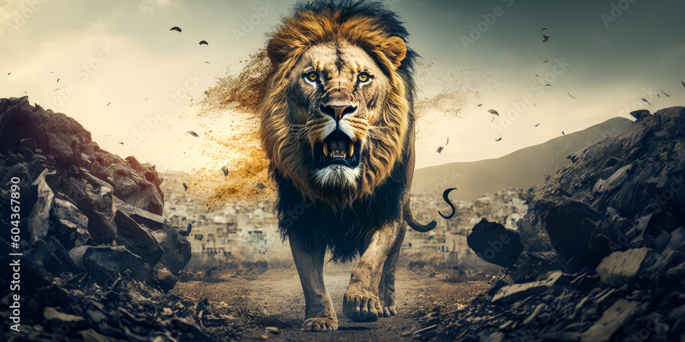 Captivating lion roaring amidst endless waste dump, powerfully ...