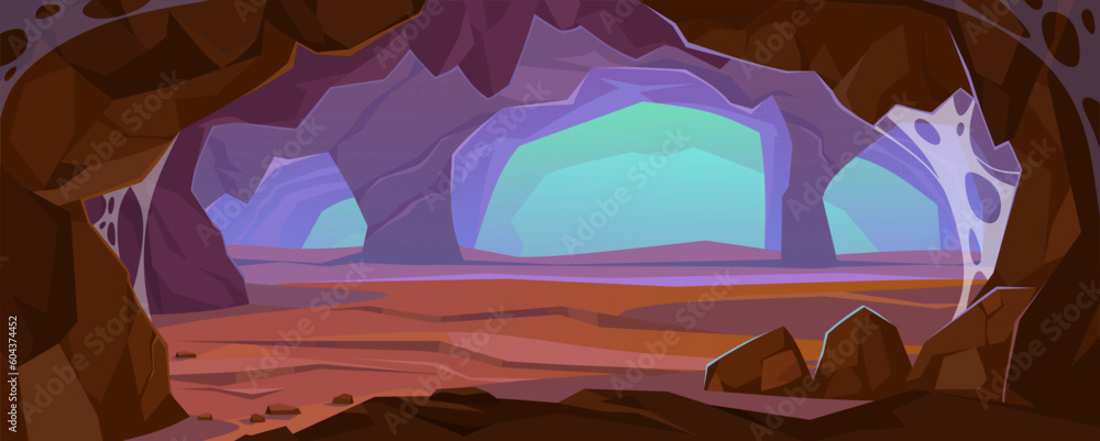 Cavern entrance with different paths. Fantasy cave background for game ...