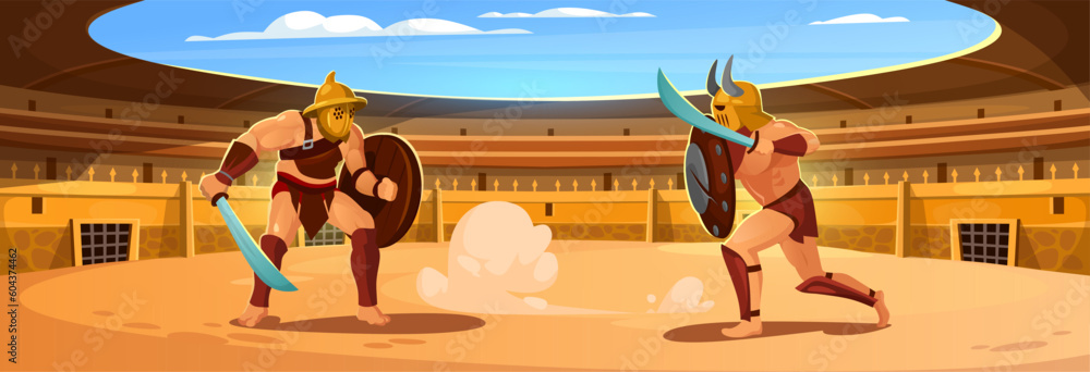 Gladiators fighting in a coliseum arena. Battle in an ancient Roman ...