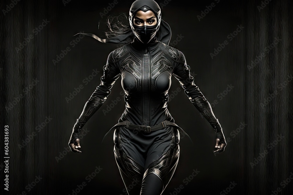 Ninja woman in full bodysuit isolated black background. Concept of ...