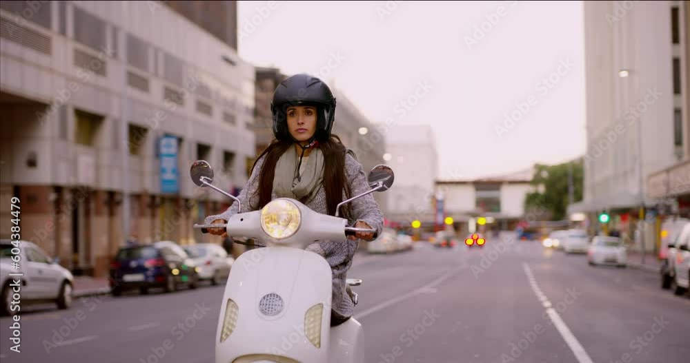 Travel, transportation and woman on scooter in city for commute ...