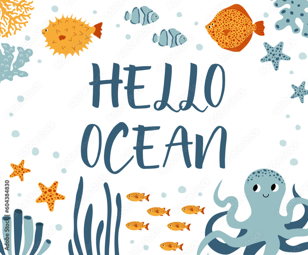 Vector ocean illustration with octopus,flounder,clown fish,starfish ...