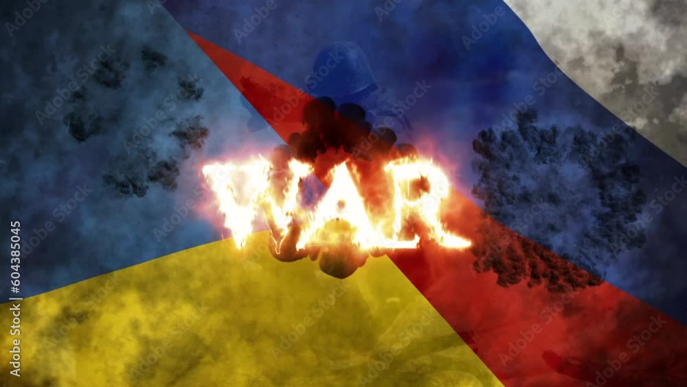 War Written In Letters On Fire Above Waving Burning Flags Of Ukraine war-written-in-letters-on-fire-above-waving-burning-flags-of-ukraine