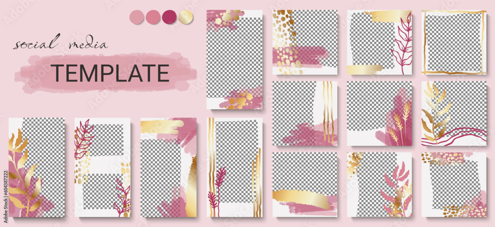 Social media template. Instagram post frames, gold design and plants ...
