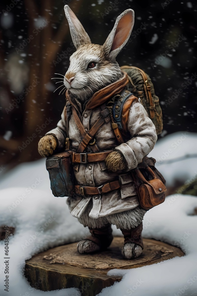 Small, plump rabbit adventurer dressed in a cozy, warm overcoat ...