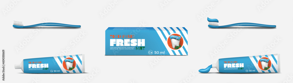 Realistic toothpaste package, toothbrush with paste. 3d tube box ...