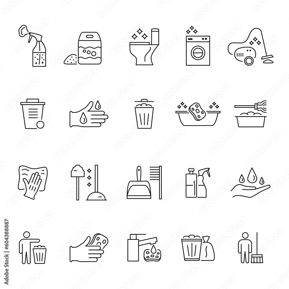 Cleaning service. Line household icons. Wet wipe dust. Vacuuming and ...