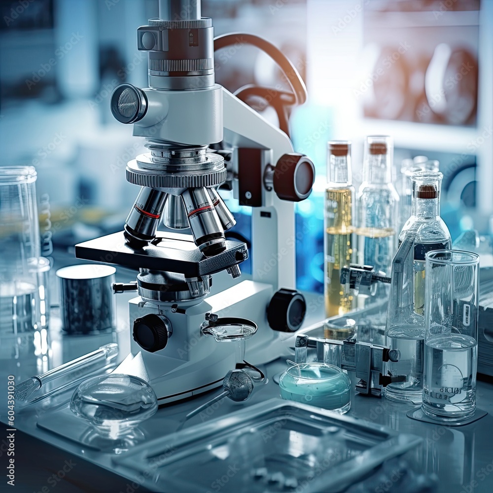 Microscope with lab glassware in modern medical laboratory,Microscopes ...
