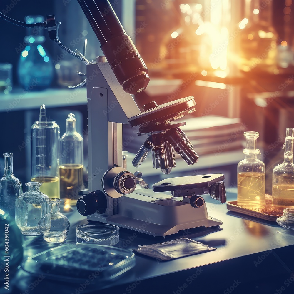 Microscope with lab glassware,Interior of clean modern medical or ...