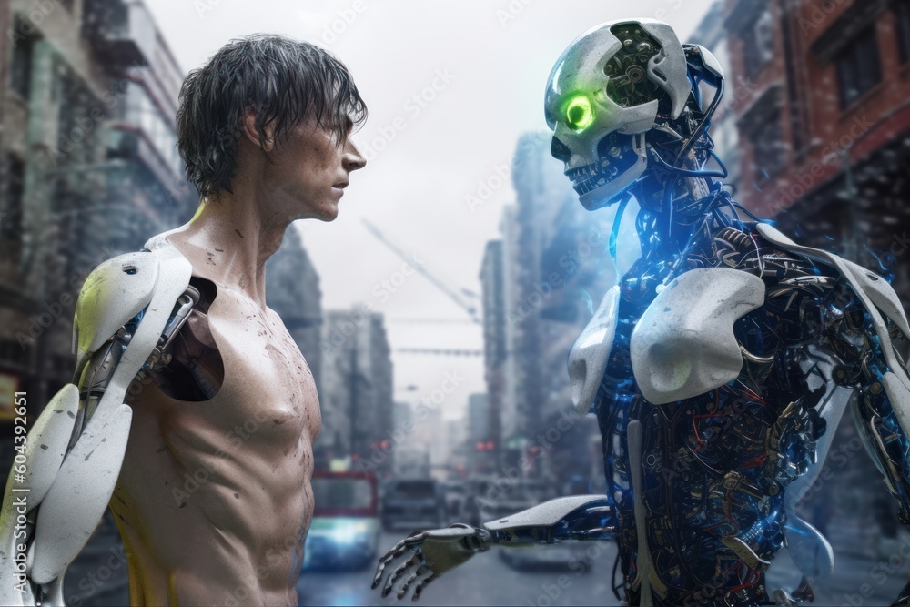 Biomechanical man standing face to face with a hi-tech cyborg on a city ...