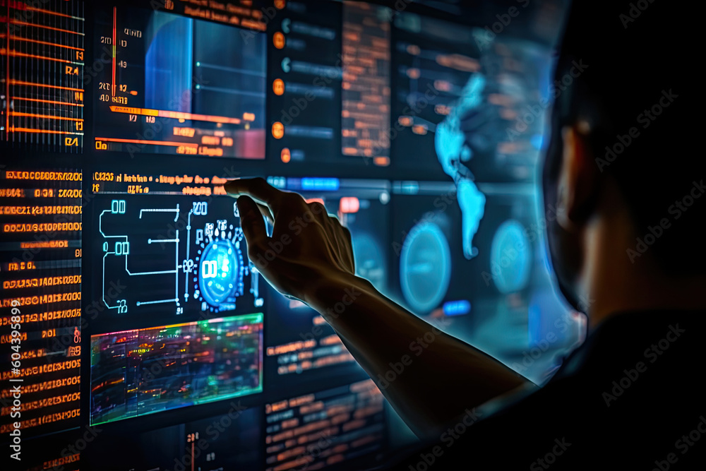 Data scientist working with a HUD virtual screen to query, analyze, and visualize a complex data ...