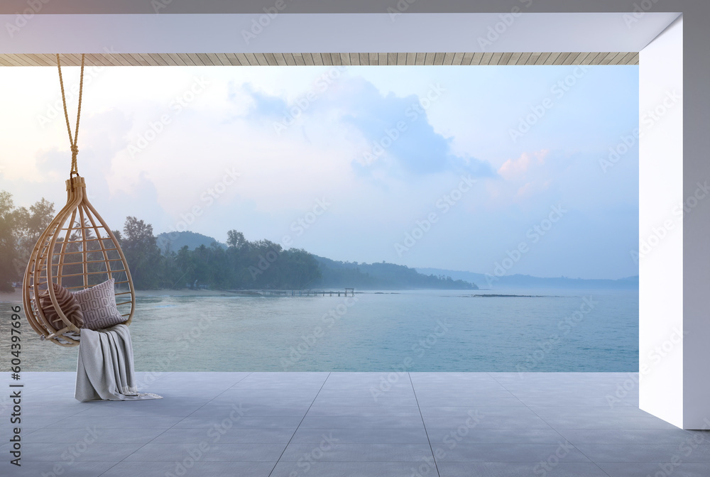 Modern contemporary loft style terrace decorated with rattan egg shaped ...