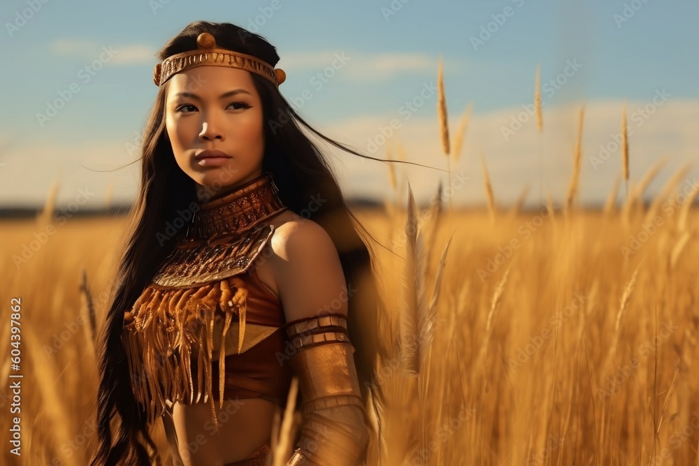 Young Native American Indian Apache Woman in Golden Wheat Field ...