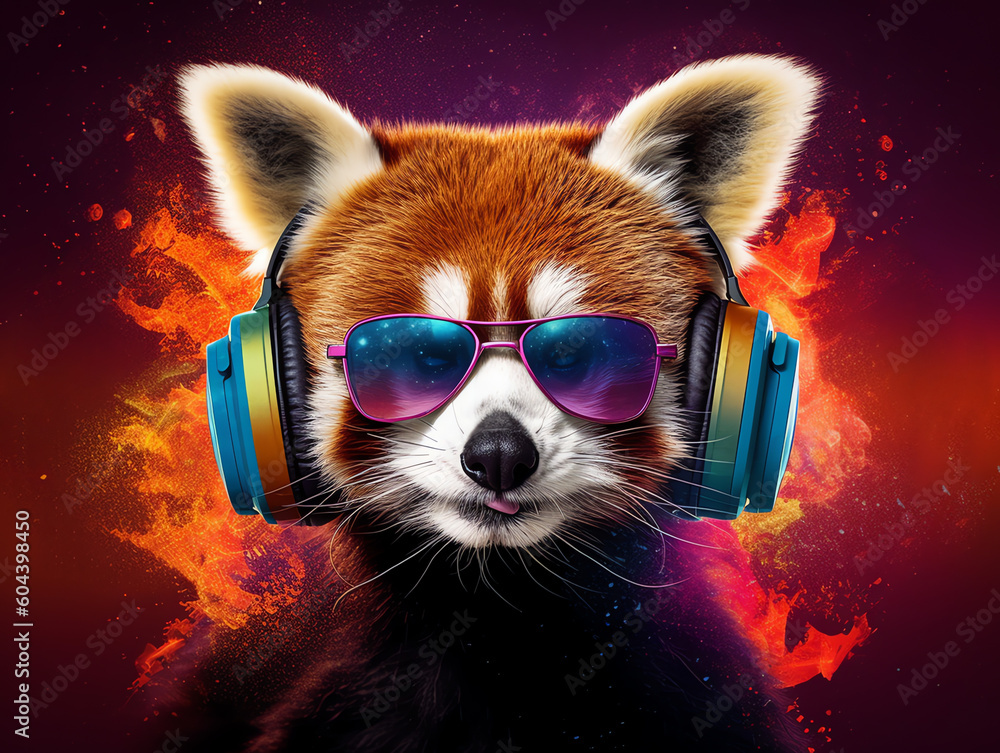 Music dj red panda with sunglasses and headphones - Colorful neon ...