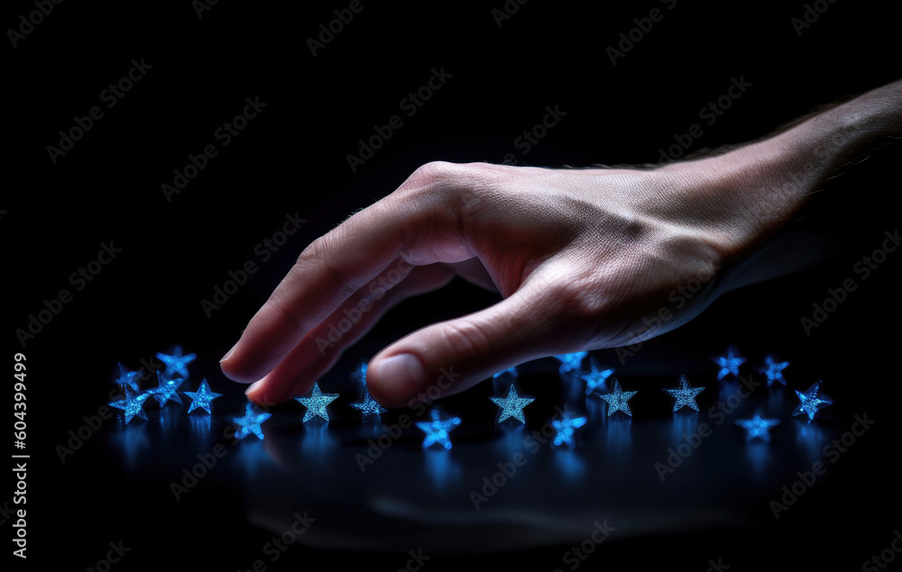 Man hand touching blue shining stars on black background, ai generated ...
