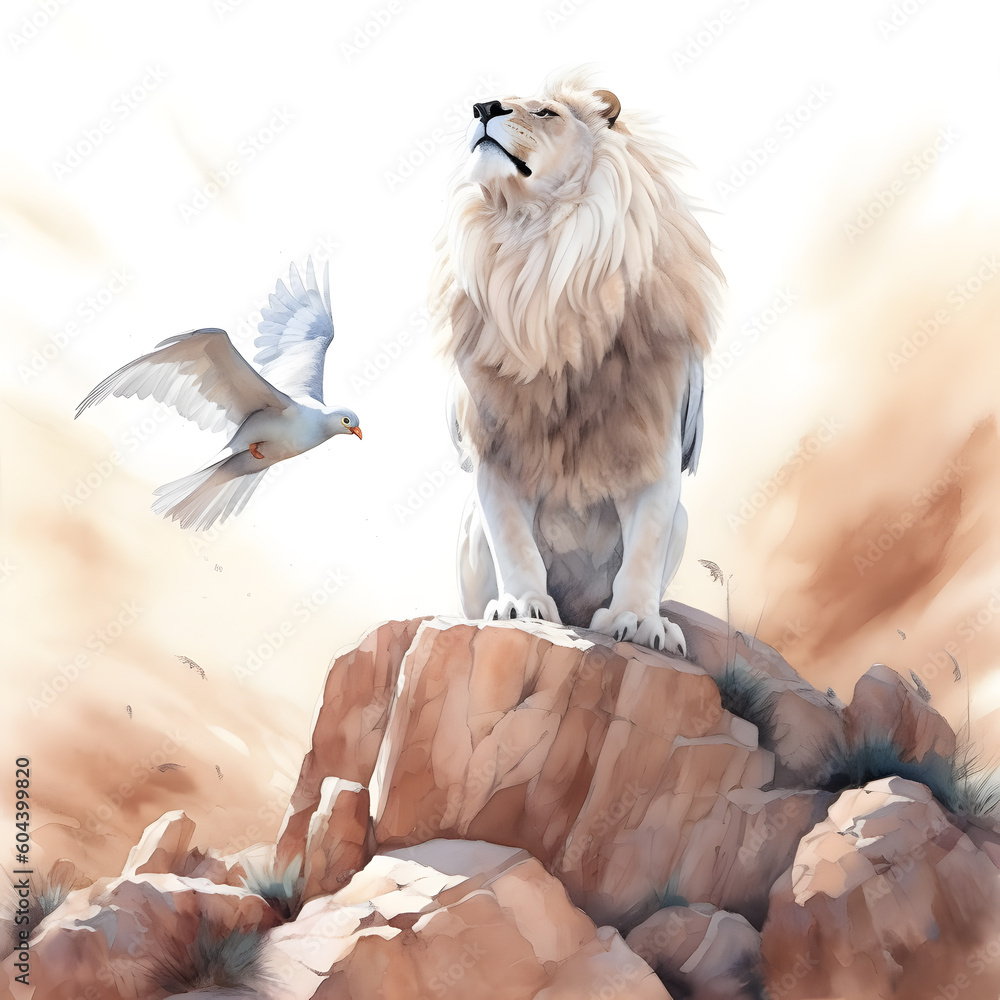 Lion Standing on a Rock a dove flying next - Christian Parable of the ...