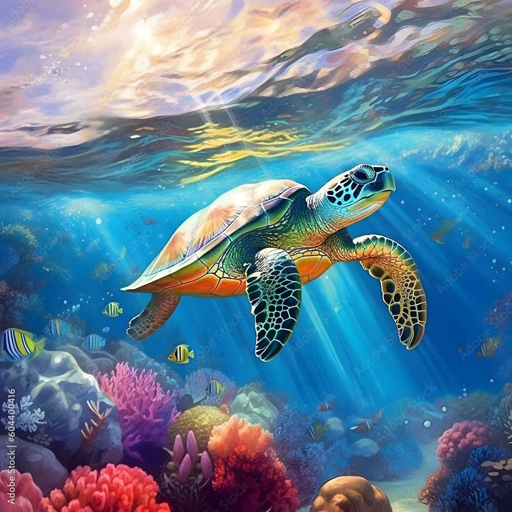 Sea turtle or marine turtle swimming in ocean. AI generated Stock Photo ...