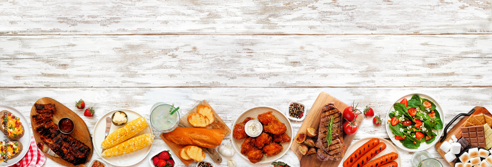 Summer BBQ food bottom border over a white wood banner background ...
