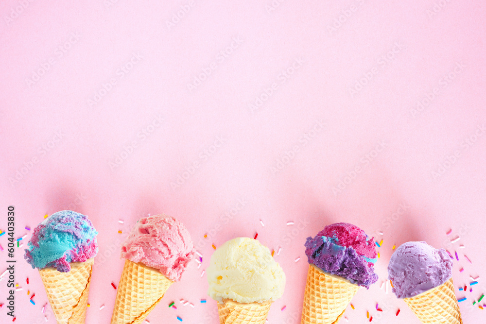 Ice cream bottom border over a pink background. Soft, pastel colors ...