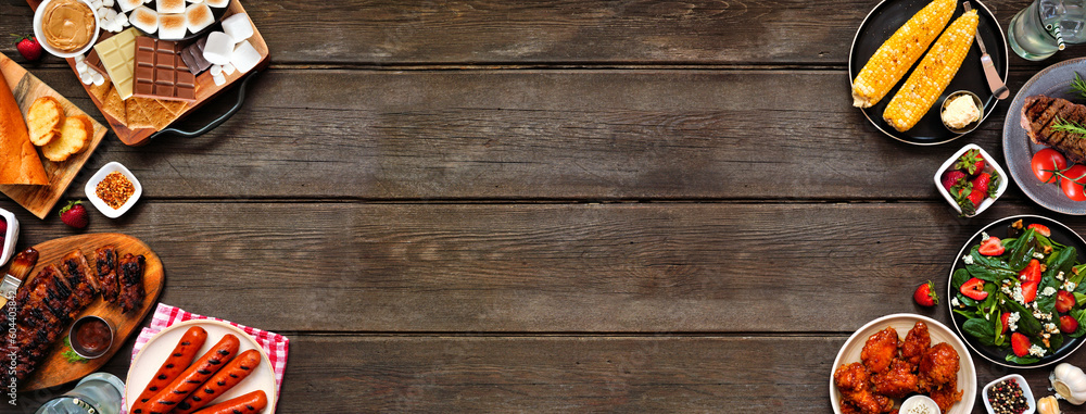 Summer BBQ food double border over a dark wood banner background ...