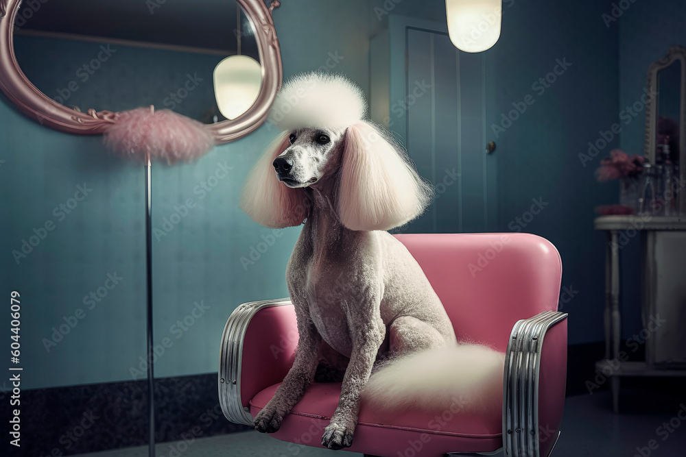 Generative AI illustration of White giant poodle dog sitting in a salon ...